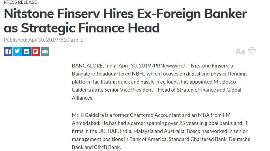 MarketWatch: Nitstone Finserv Hires Ex-Foreign Banker as Strategic ...